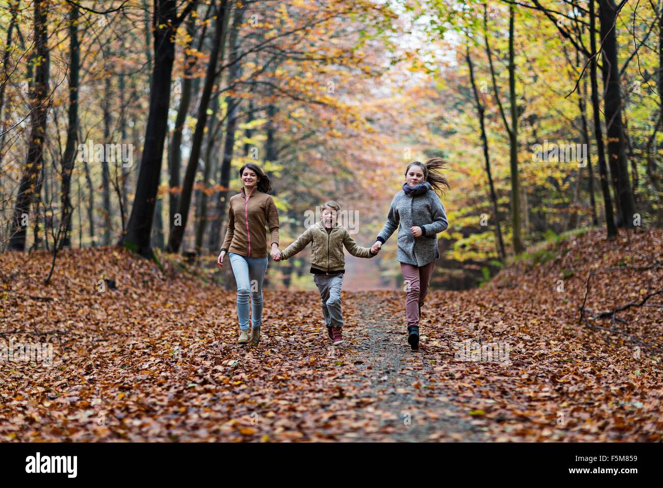 Girls running in autumn forest Stock Photo - Alamy