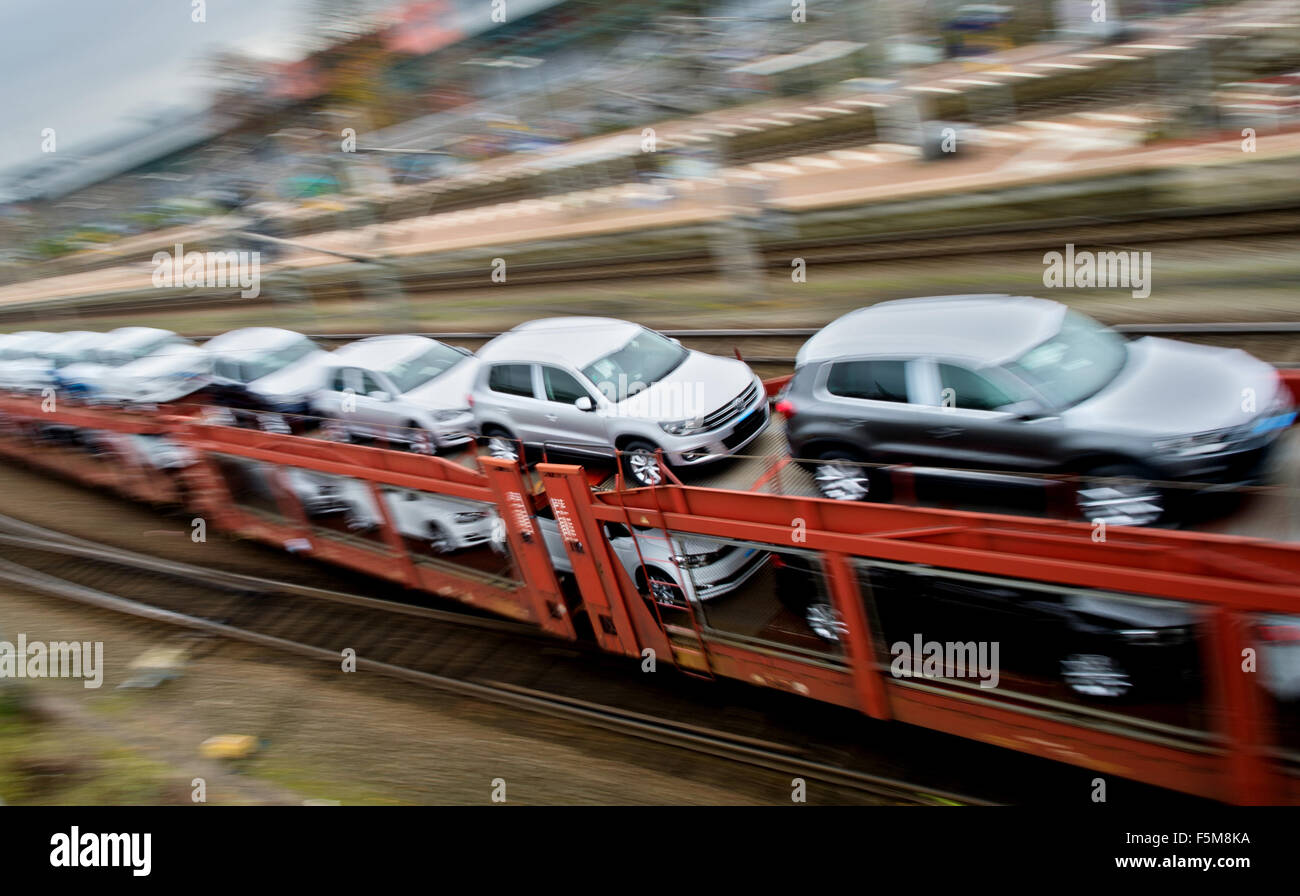 A freight train transports new cars of carmaker Volkswagen (VW) in ...