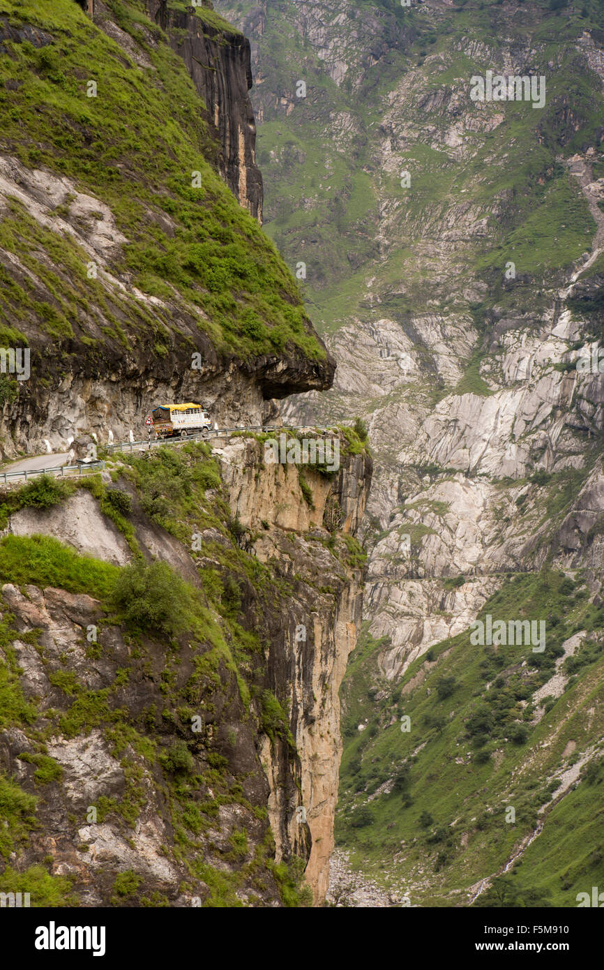 India, Himachal Pradesh, Kinnaur, road cut in sheer cliff face of steep ...