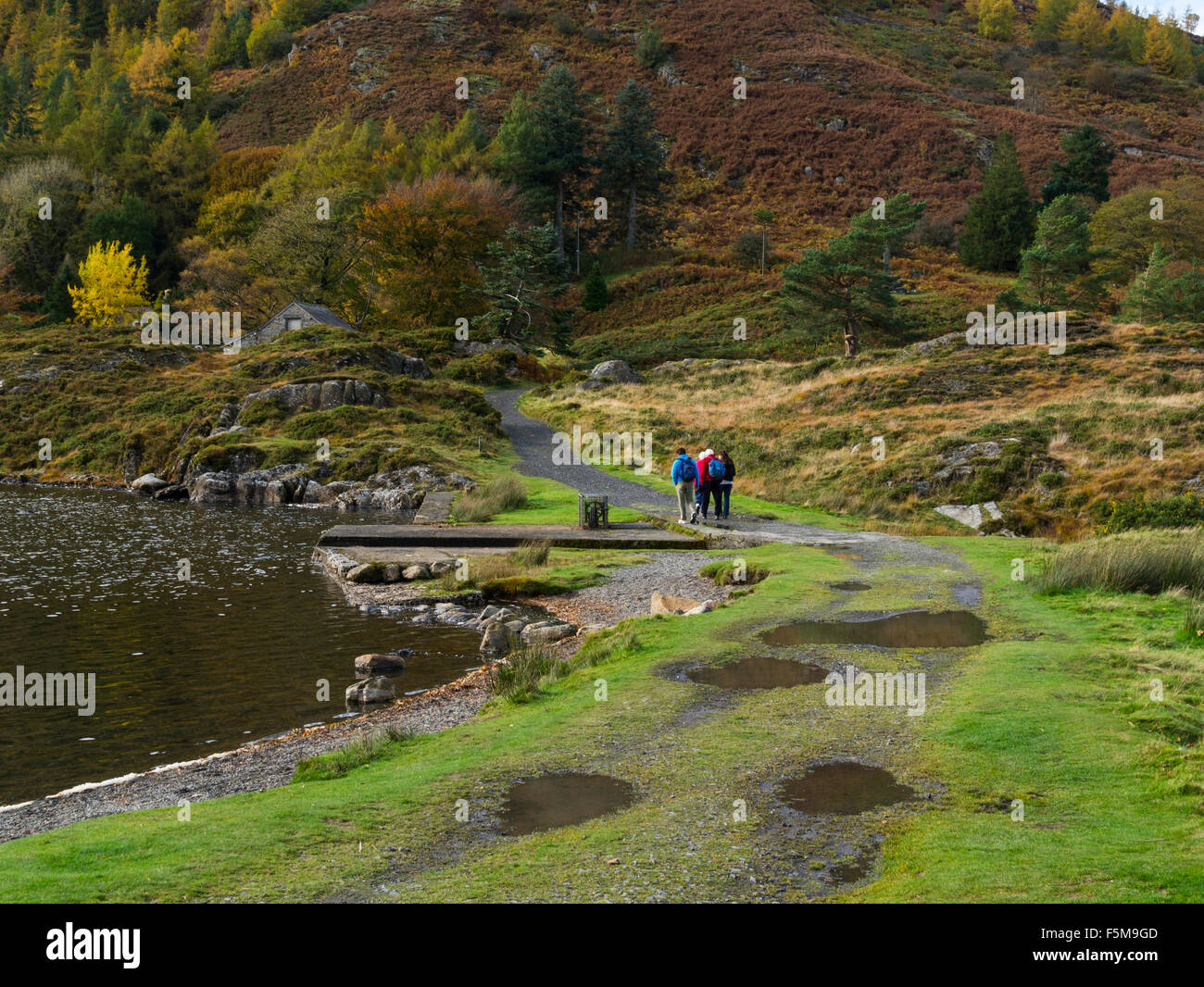 Family group walking around Llyn Geirionydd Conwy North Wales on ...