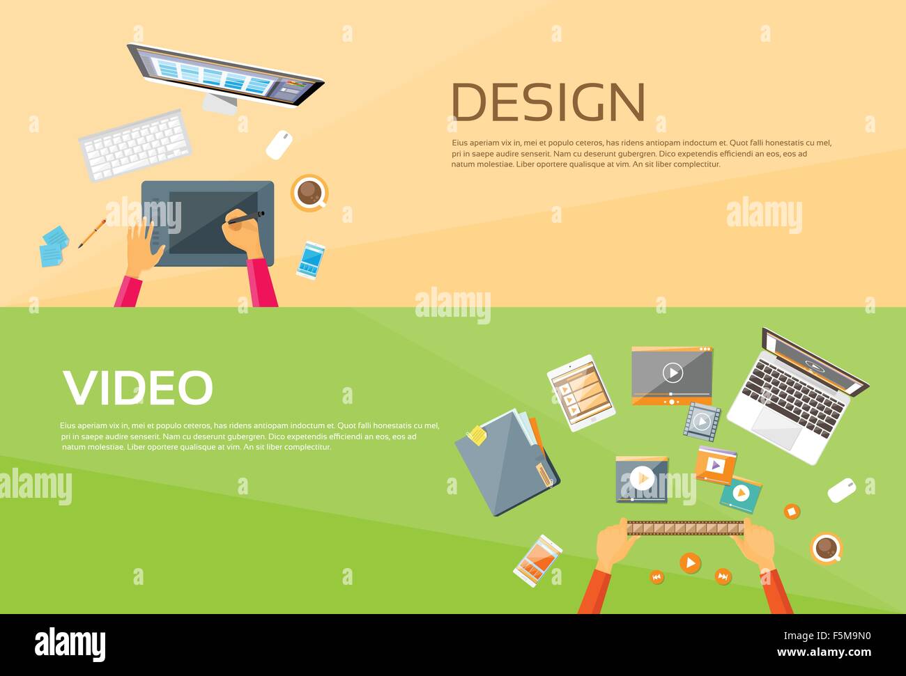 Video Editor Workplace Hands Laptop Player Web Banner Stock Vector ...