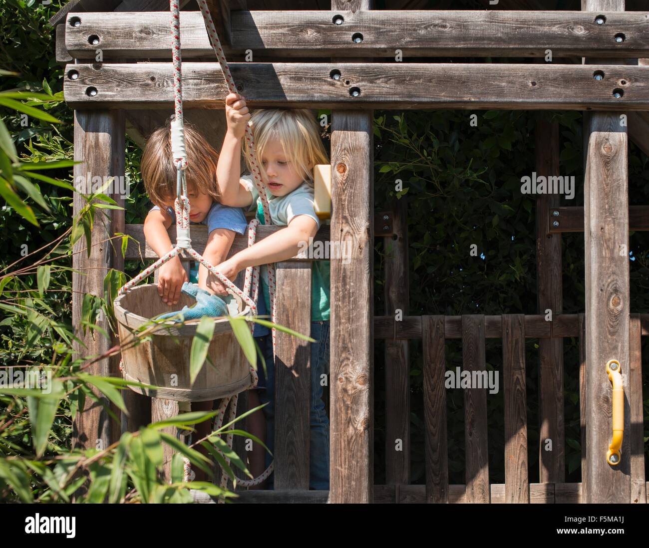 Two young boys playing in tree house Stock Photo - Alamy