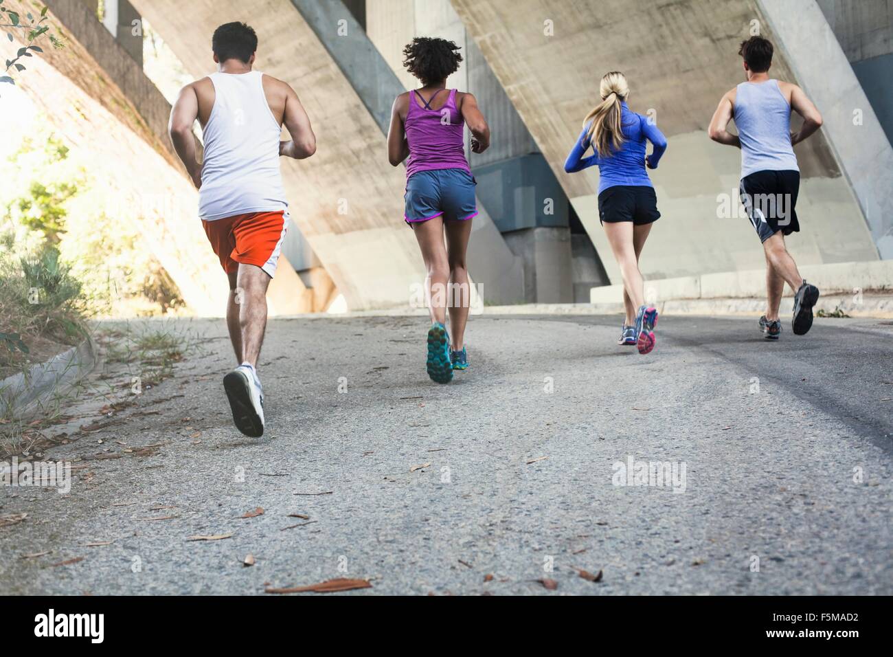 Joggers running on bridge, Arroyo Seco Park, Pasadena, California, USA ...