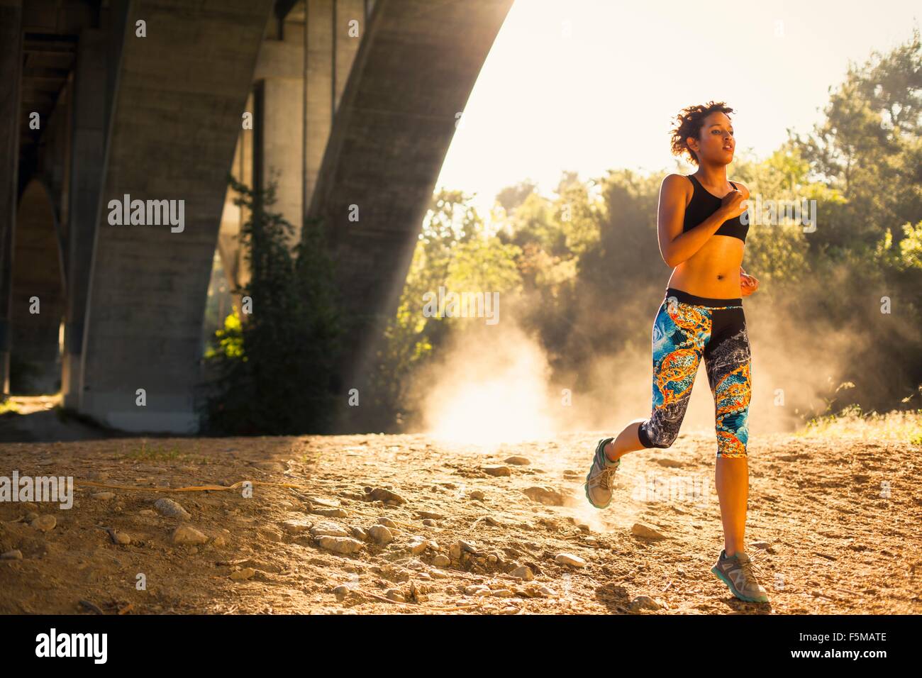 Jogger running under arch, Arroyo Seco Park, Pasadena, California, USA ...