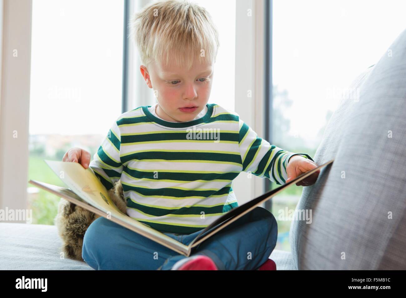 Boy sitting on sofa reading a book Stock Photo - Alamy