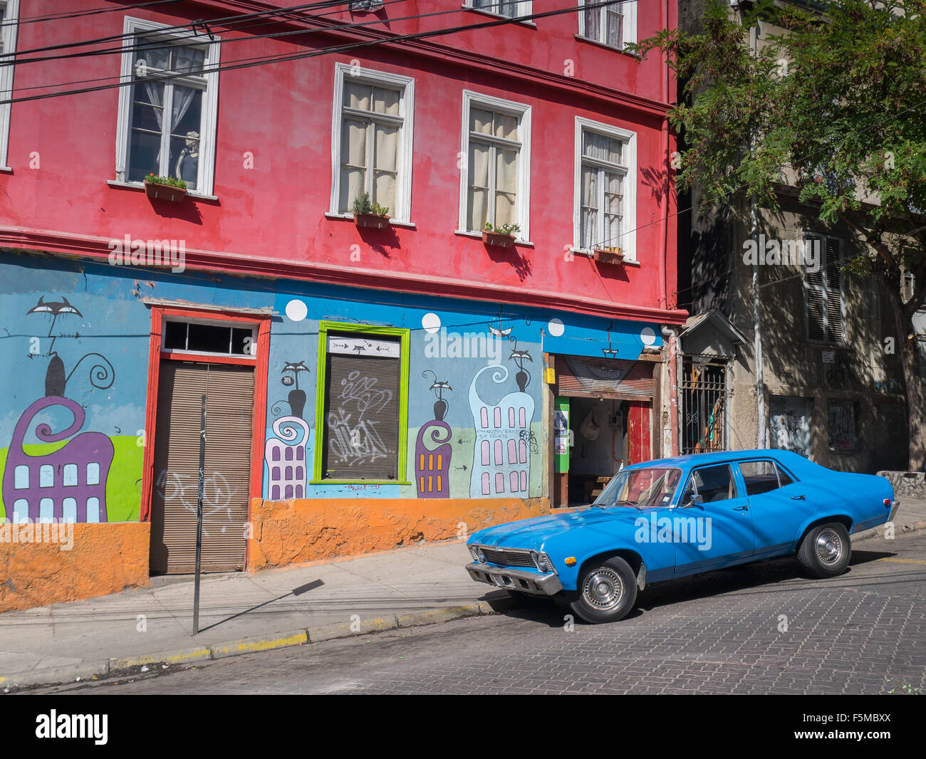 Blue Car in Valparaiso, Chile Stock Photo - Alamy