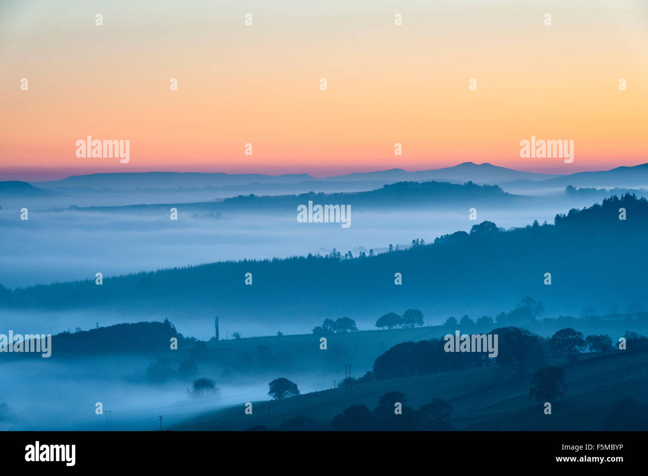 Near Knighton, Powys, UK. Evening view from Stonewall Hill with the ...