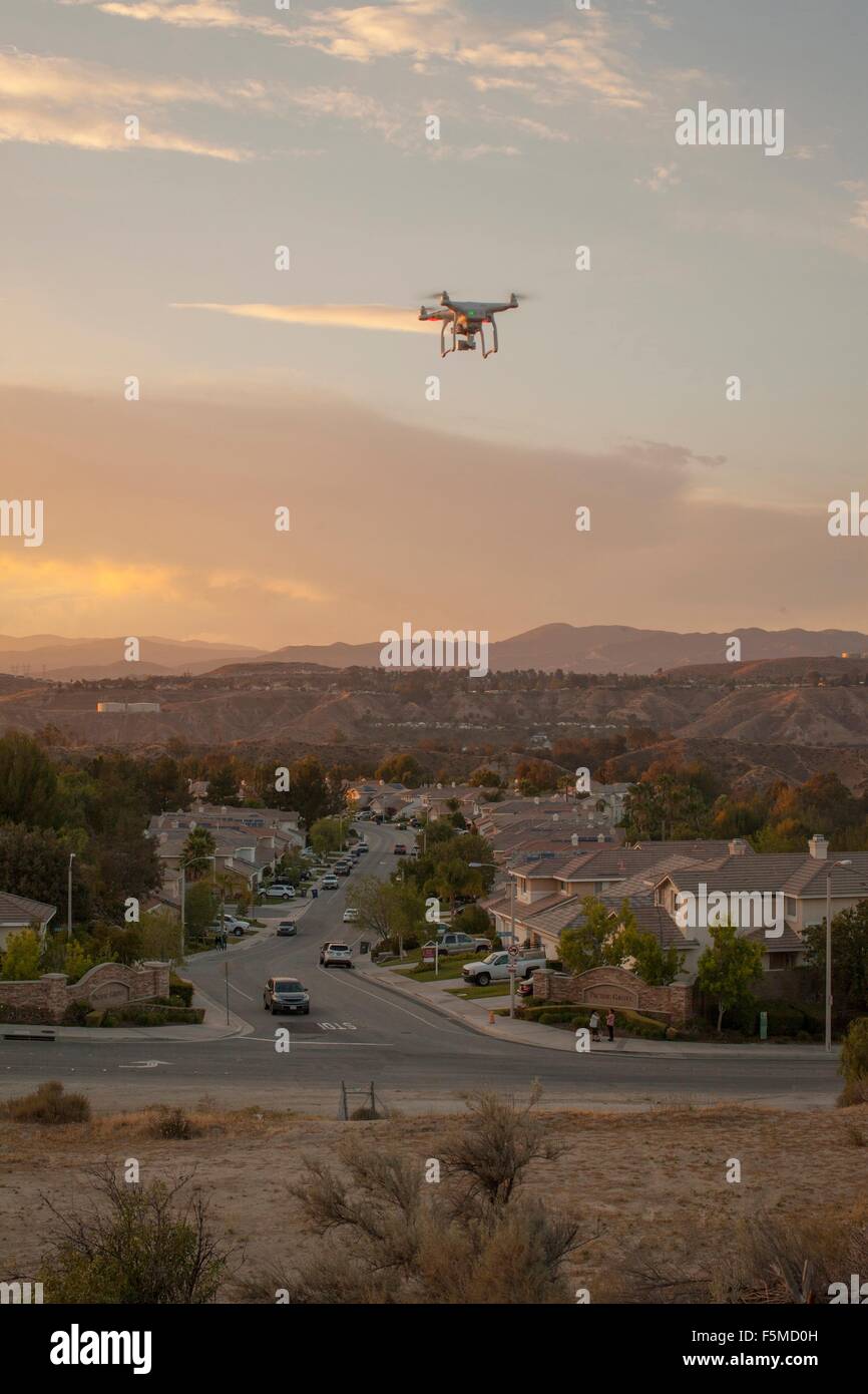 Drone flying above housing development, Santa Clarita, California, USA ...