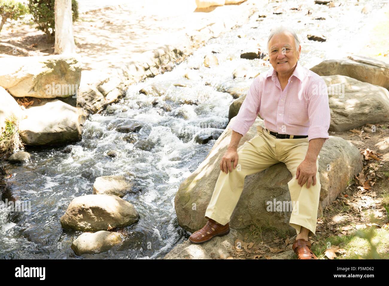 Portrait of senior man sitting on rock, outdoors Stock Photo - Alamy