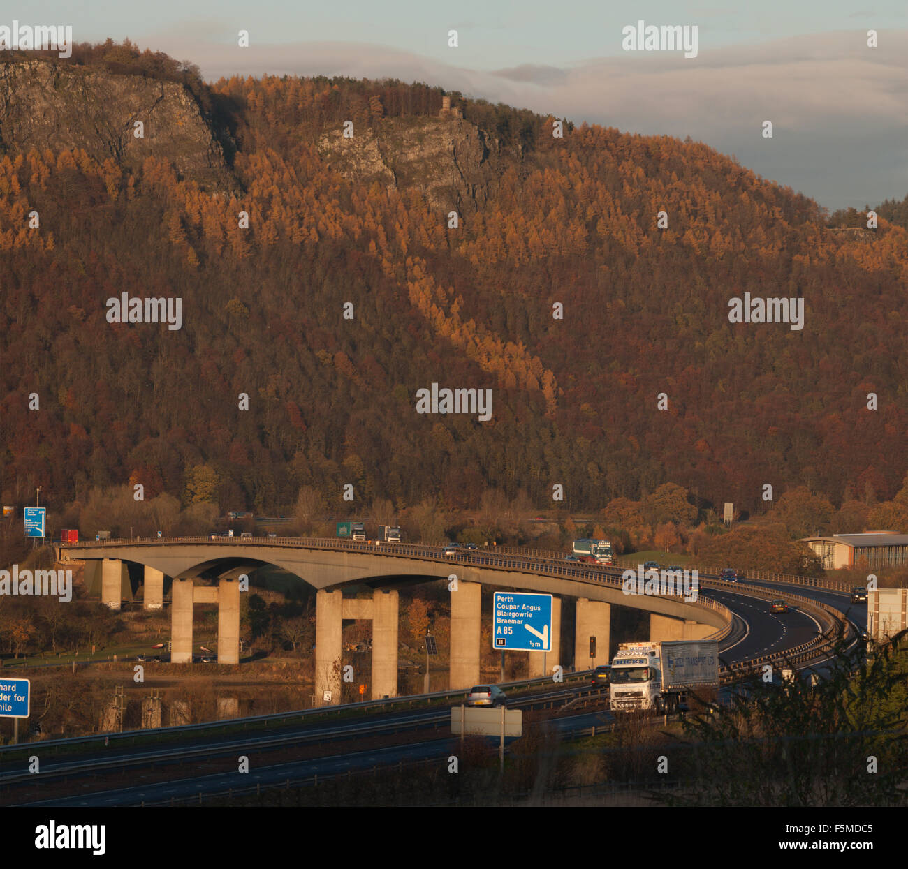 Friarton Bridge,Perth looking North to Kinnoull hill cliffs at sunset ...