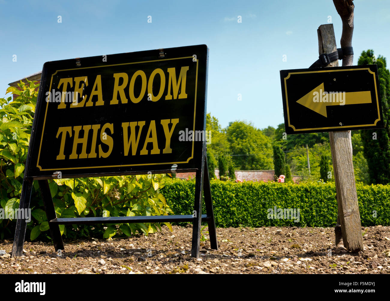 Tea Room This Way sign at Hopton Hall Garden in Derbyshire Dales Peak ...