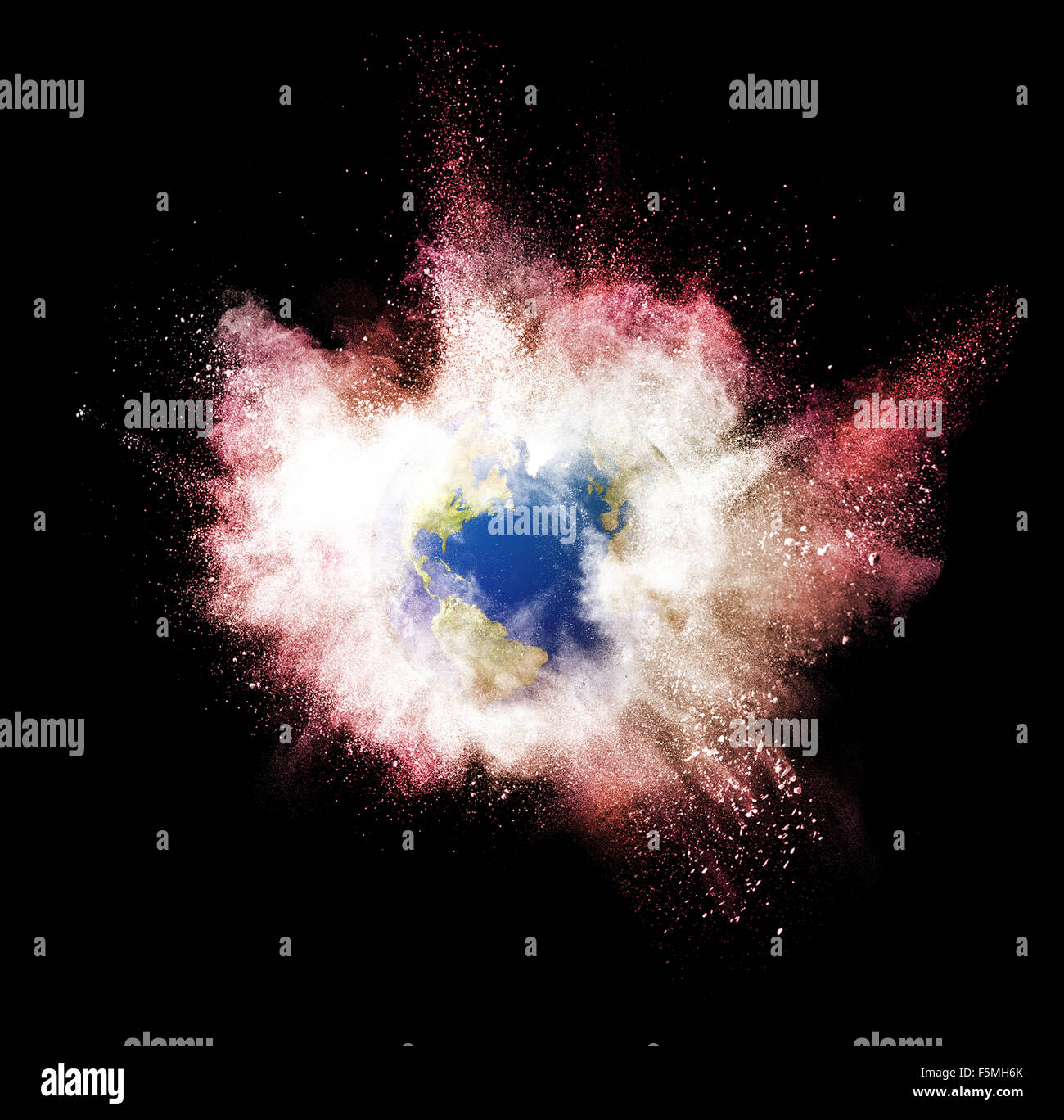 exploding earth isolated on black back ground, For map used open source ...