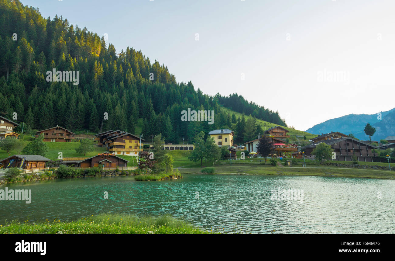 Evening over Chatel, French village in the Alps Mountains Stock Photo ...