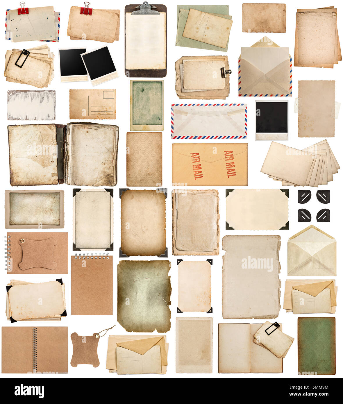Used paper sheets, books, pages and old cardboard isolated on white ...