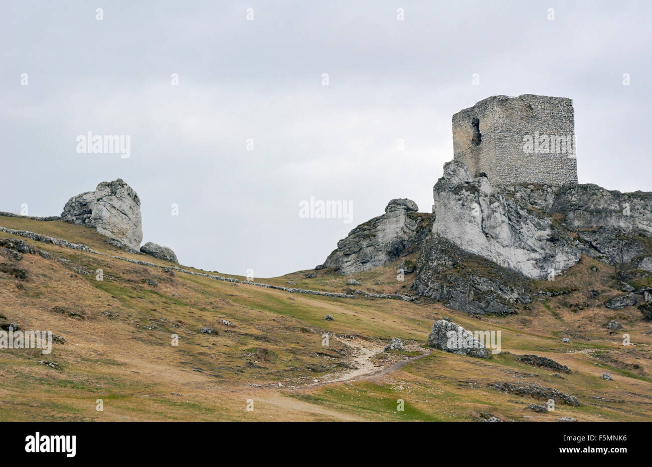 white rocks and ruined medieval castle in Olsztyn, Poland Stock Photo ...