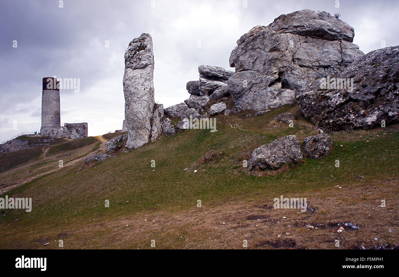 rocks and ruined medieval castle in Olsztyn, Poland Stock Photo - Alamy