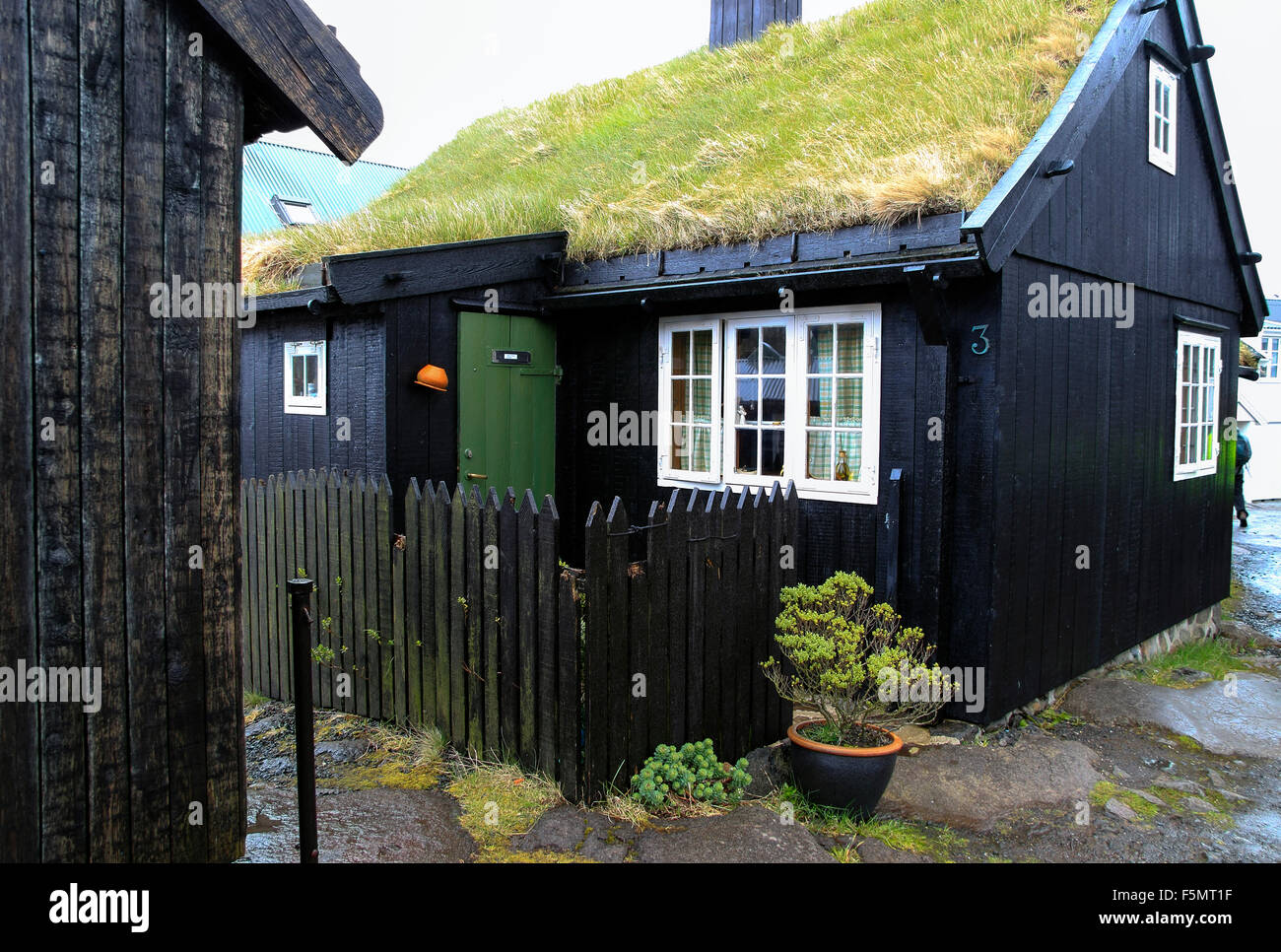 Faroese traditional black tarred timber house with grass turf roof ...