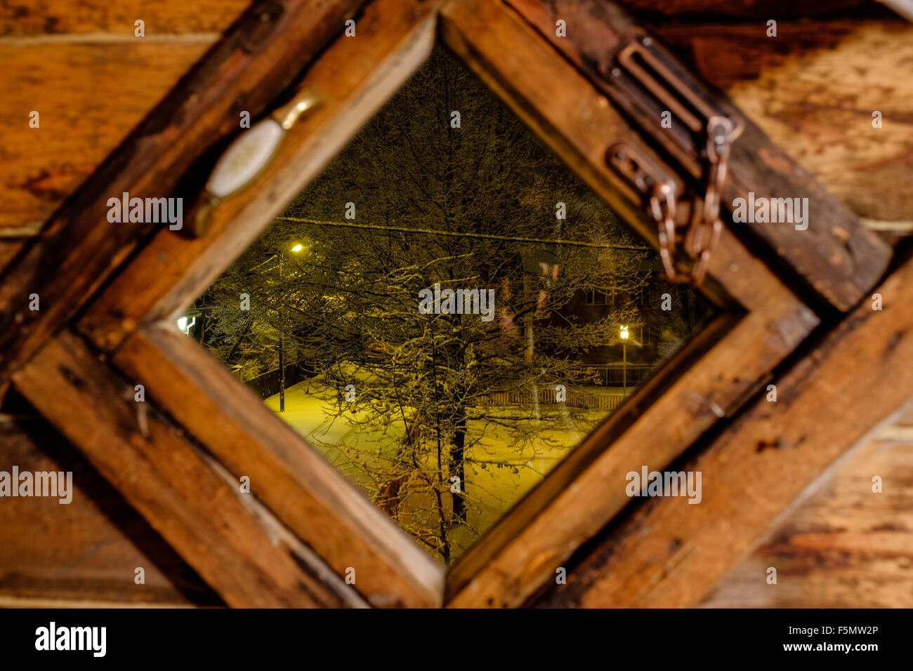 Cottage window looking out into snow Stock Photo - Alamy