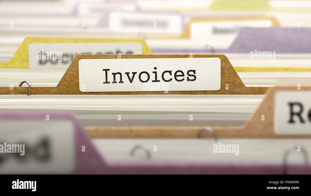 Invoices Concept. Colored Document Folders Sorted for Catalog. Closeup ...