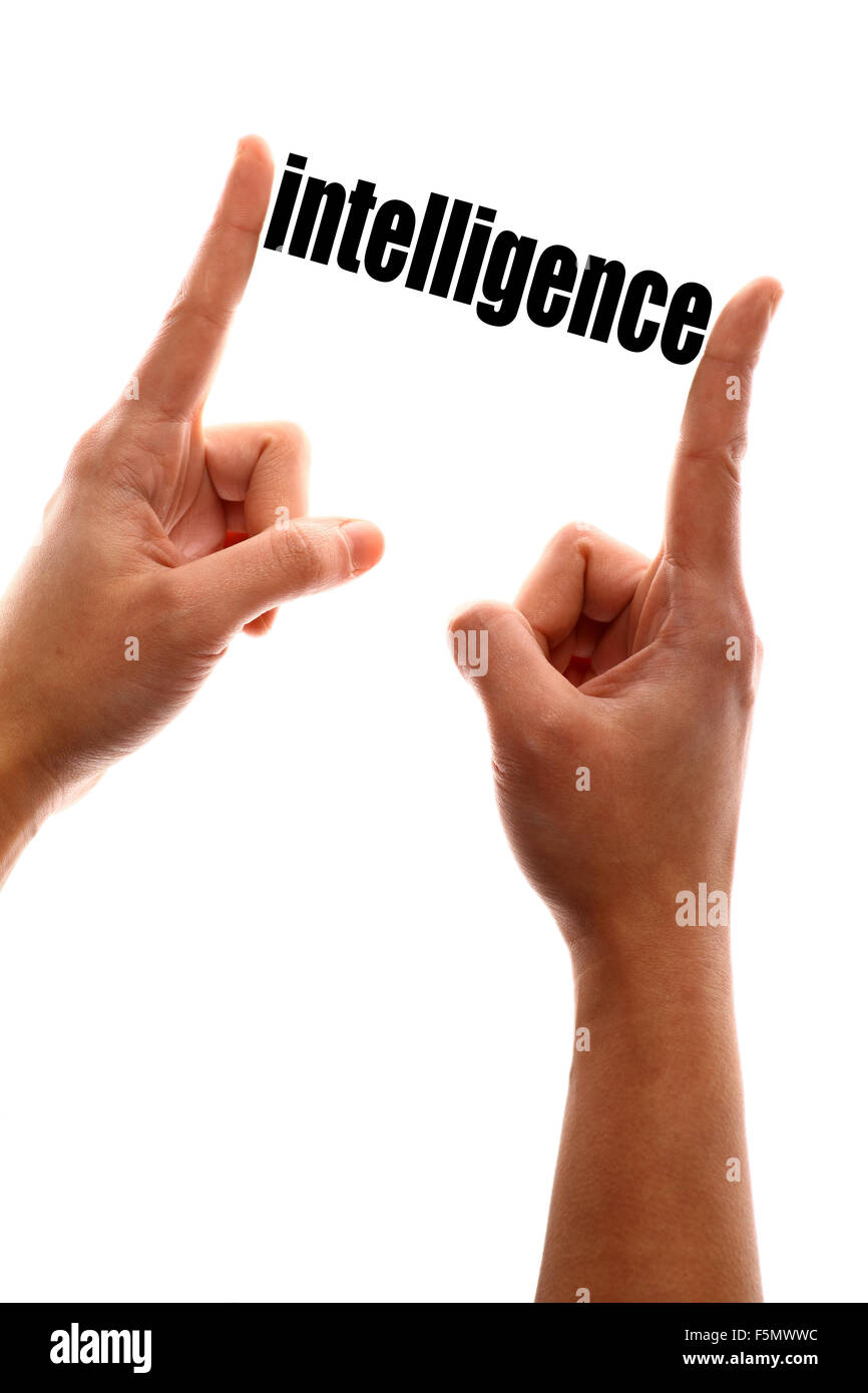 Color vertical shot of a of a hand squeezing the word "intelligence ...
