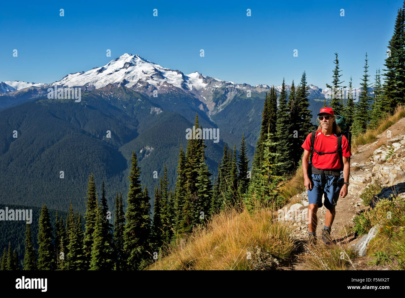 WA10894-00...WASHINGTON - Hiker on the Miners Ridge Trail with Glacier ...