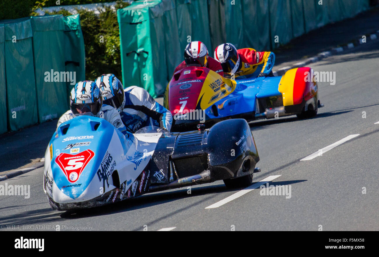 The sidecars on approach to Castletown corner in the 2015 Southern 100 ...