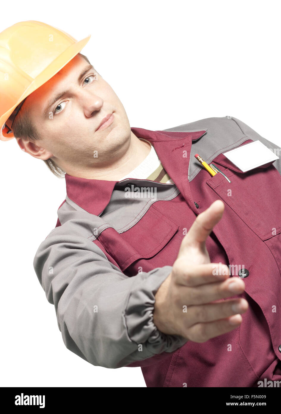 Worker giving a hand for handshake on white Stock Photo - Alamy