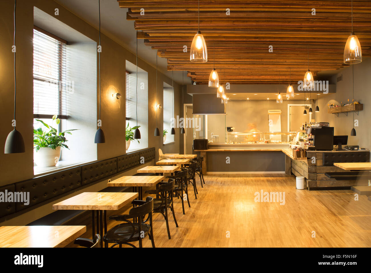 Interior of restaurant. Wooden design Stock Photo - Alamy