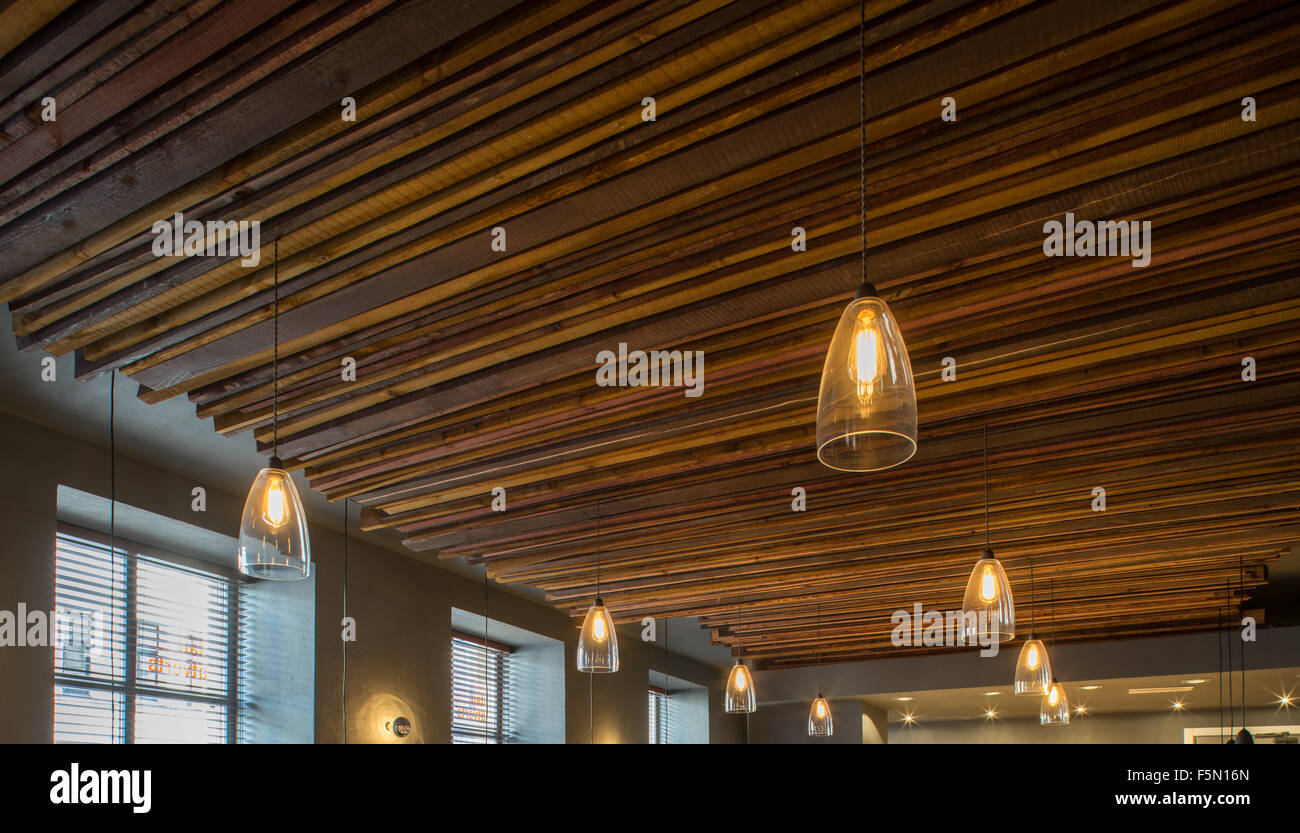 Interior of restaurant. Wooden design Stock Photo - Alamy