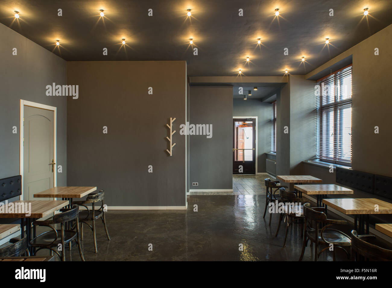 Interior of restaurant. Wooden design Stock Photo - Alamy