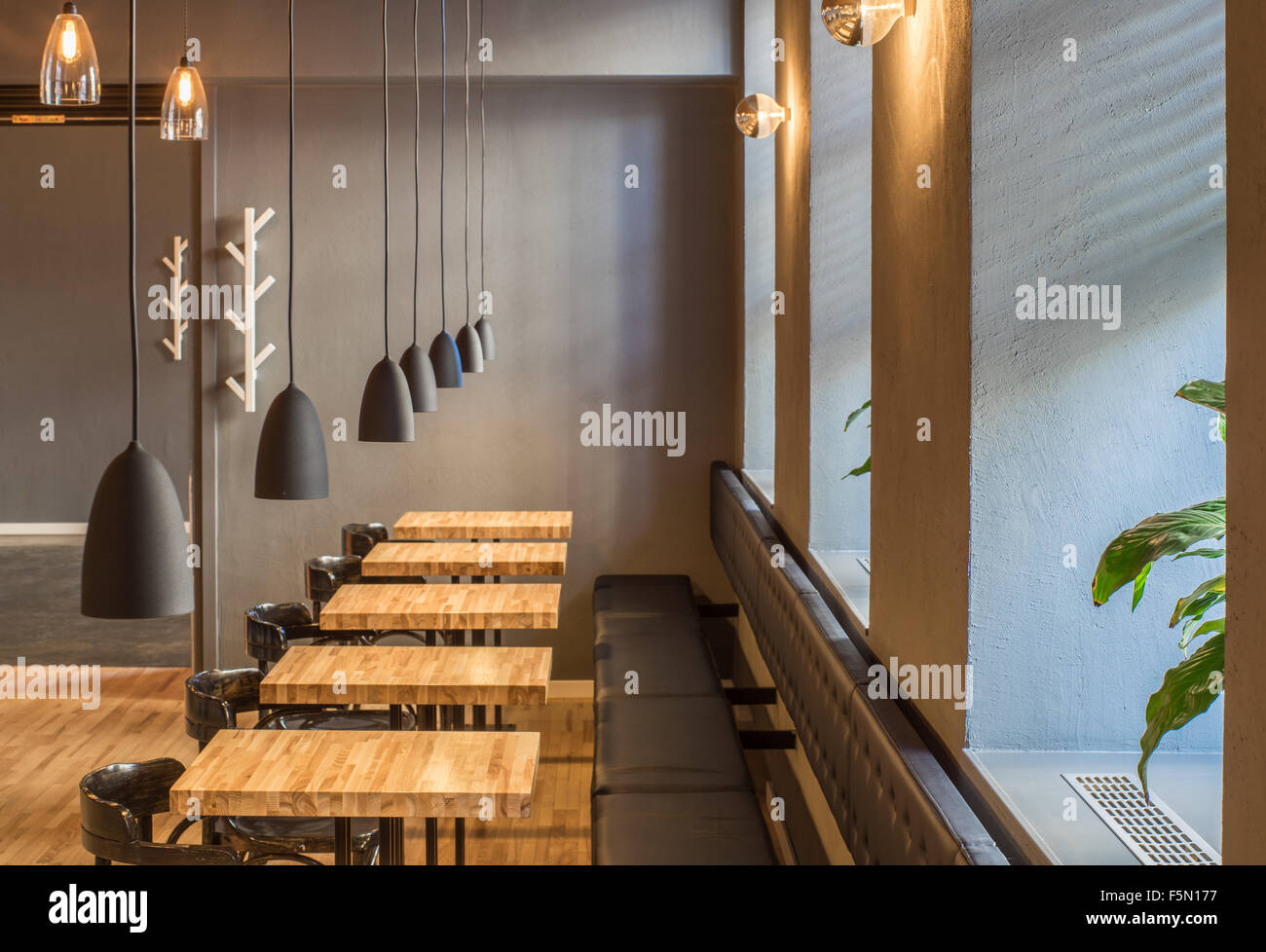 Interior of restaurant. Wooden design Stock Photo - Alamy