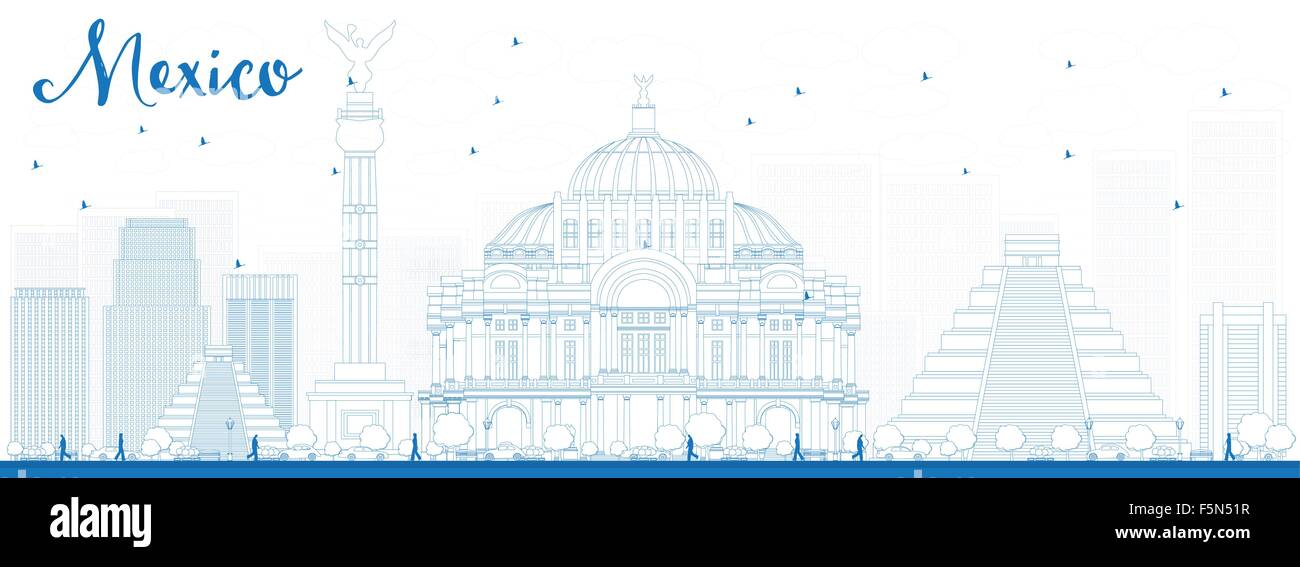 Outline Mexico skyline with blue landmarks. Vector illustration ...