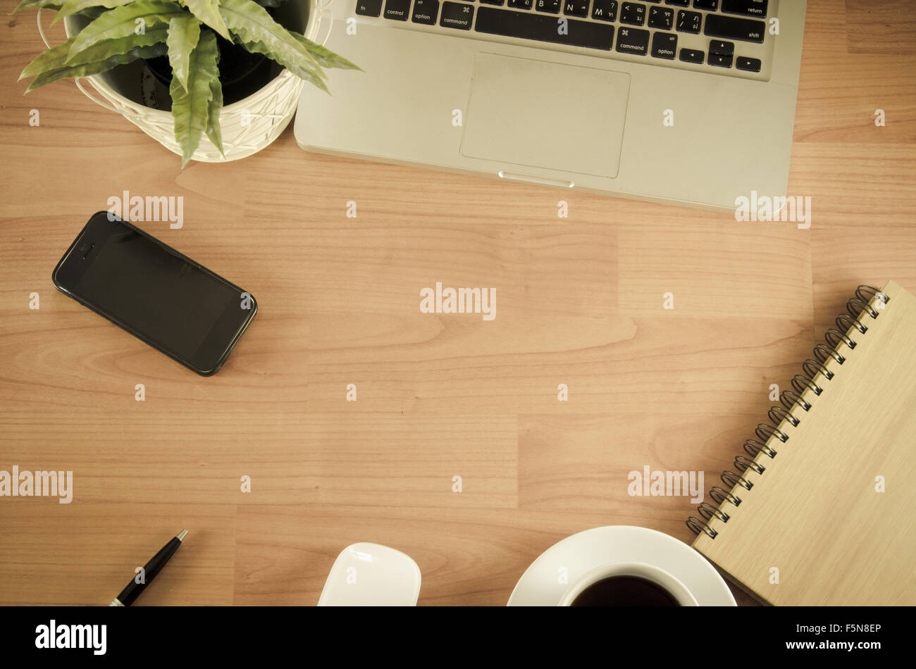 Top view of office desk with computer Stock Photo - Alamy