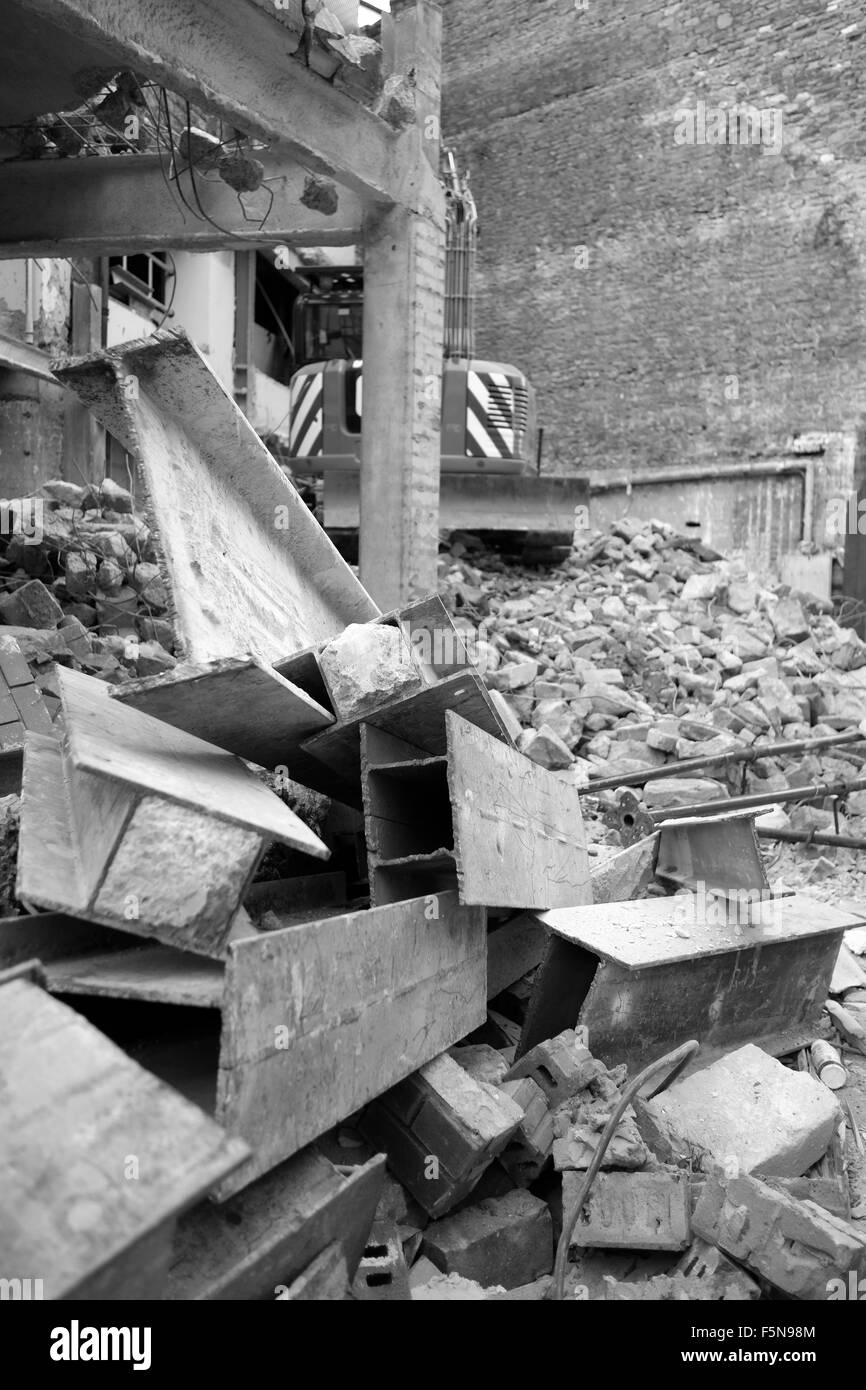 Metal beams being salvaged during a city centre demolition, Bristol ...