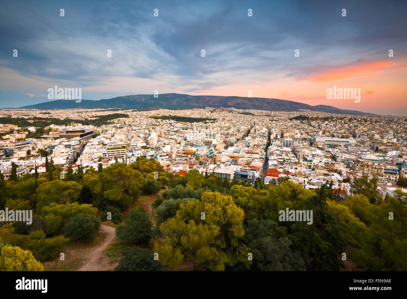 Evening view of Athens from Filopappou hill, Greece Stock Photo - Alamy