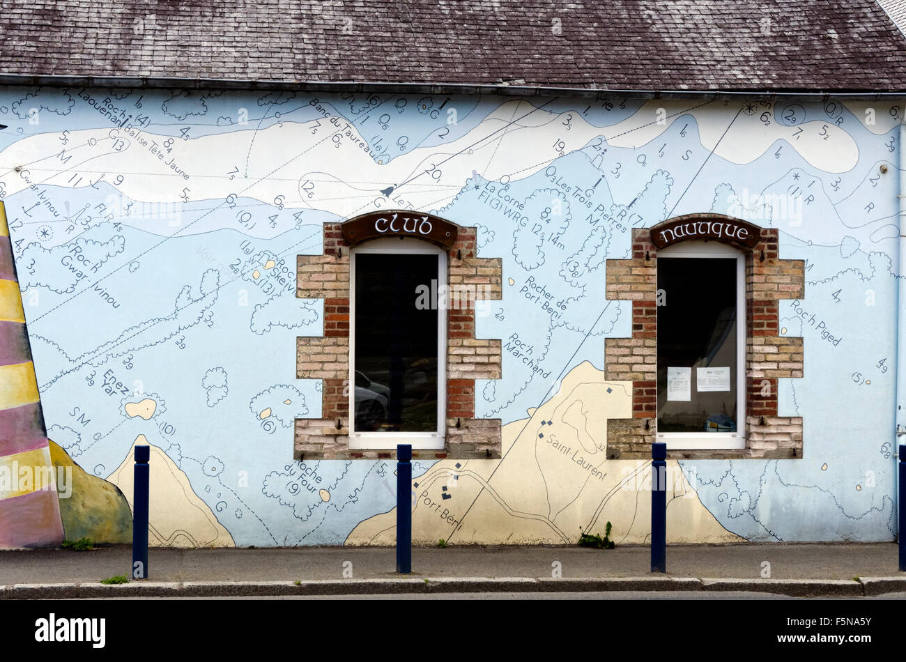 yacht club wall painted with a navigation chart and lighthouse Stock ...