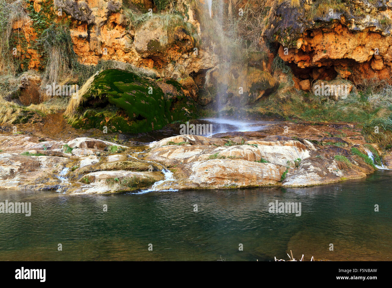 Waterfall pool at El Salto de la Novia in the Spanish town of Navajas ...