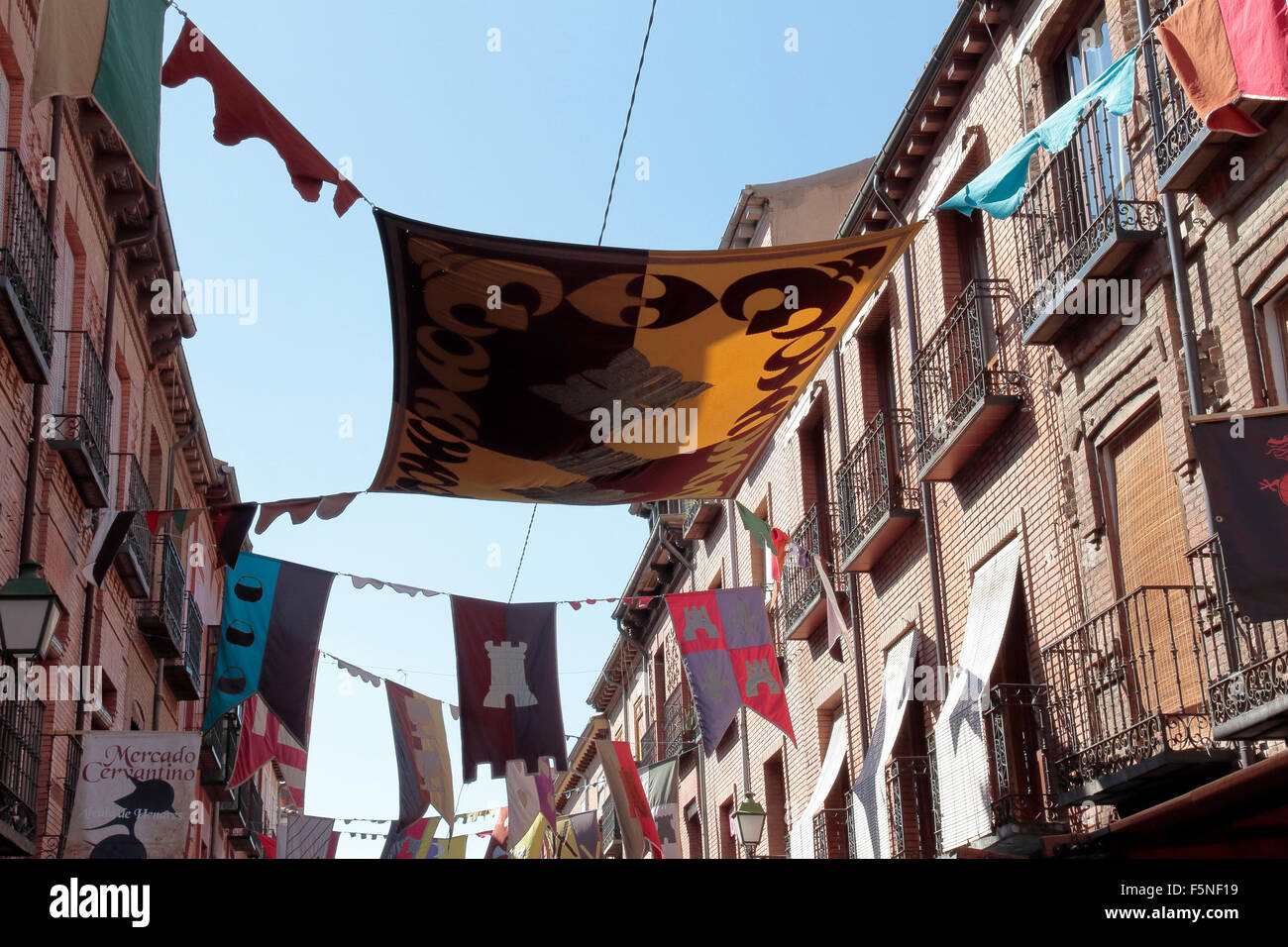 medieval banners at the streets of Alcala de Henares,Spain, during the ...