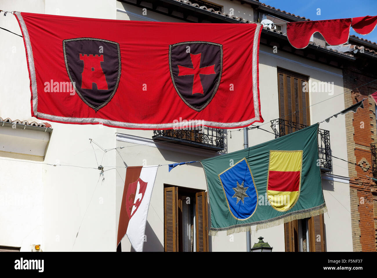medieval banners at the streets of Alcala de Henares,Spain, during the ...