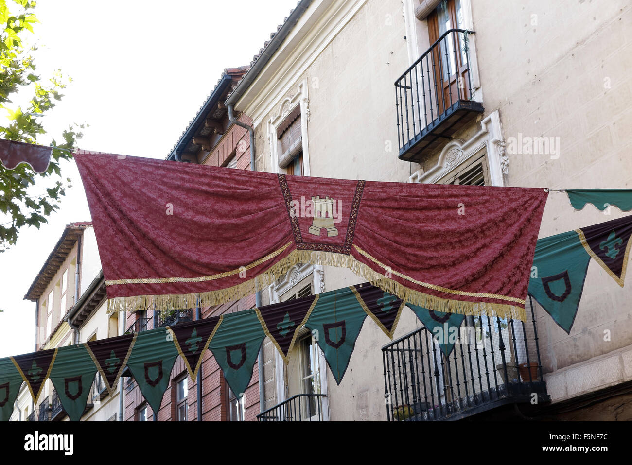 medieval banners at the streets of Alcala de Henares,Spain, during the ...