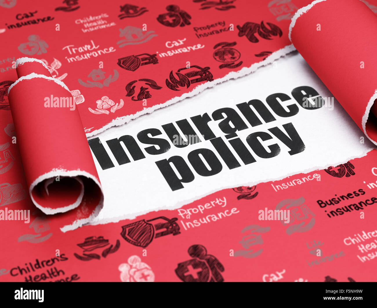 Insurance concept: black text Insurance Policy under the piece of torn ...