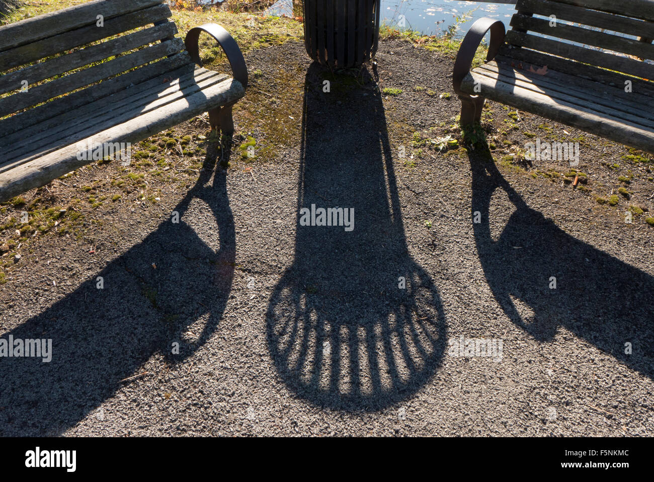 Shadows of park benches and trash can Stock Photo - Alamy
