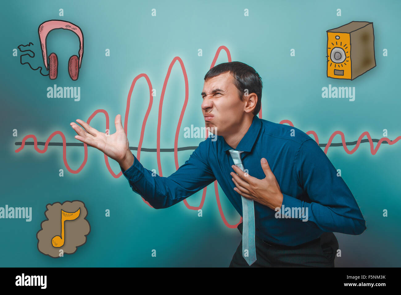 a man hand clutching his chest wrinkled face and held out his ha Stock ...