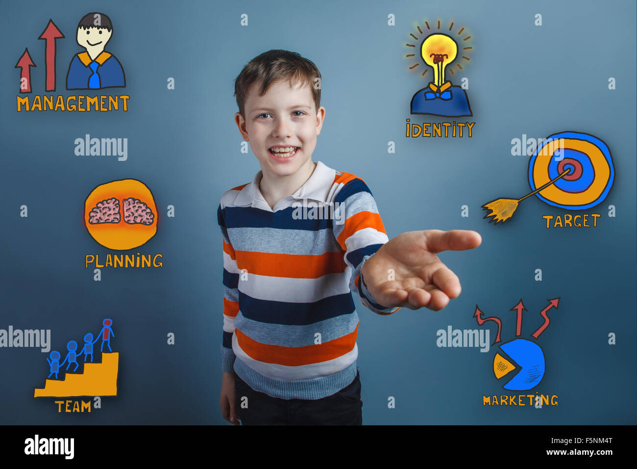 Boy laughs and holds out his hand a friendly gesture of joy coll Stock ...