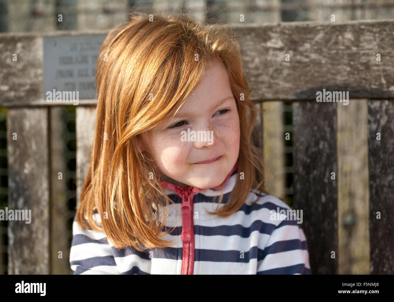 A young girl has a secret but cheeky smile on her face. She has ginger ...