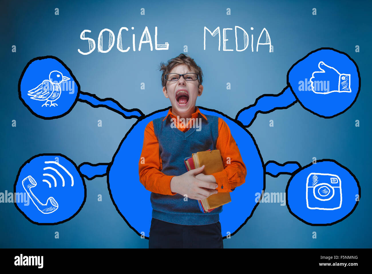 boy with glasses retro style holding a book and shouting social Stock ...