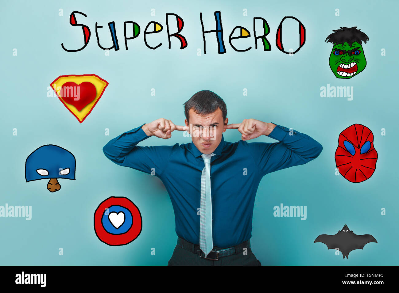 businessman man winced shut his ears superhero super power at th Stock ...