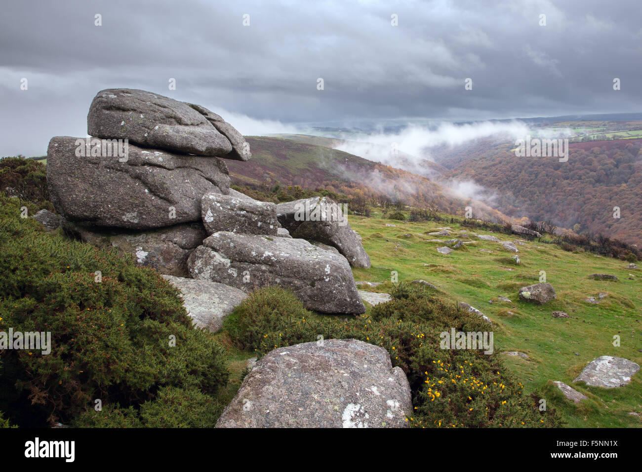 Mel tor with mist in the Dart Valley Dartmoor National Park Devon Uk ...