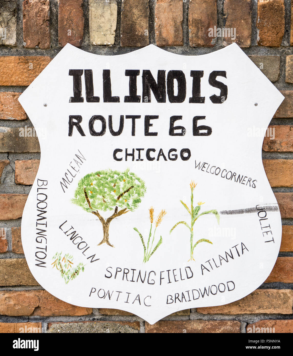 Illinois towns along on Route 66 wall sign in Atlanta, Illinois, USA ...