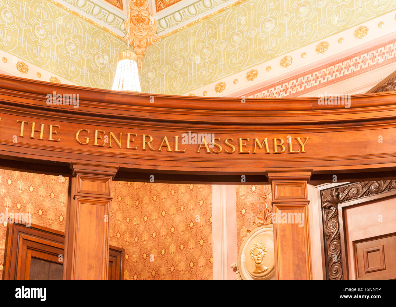 The General Assembly sign on wooden beam inside Illinois State Capital ...
